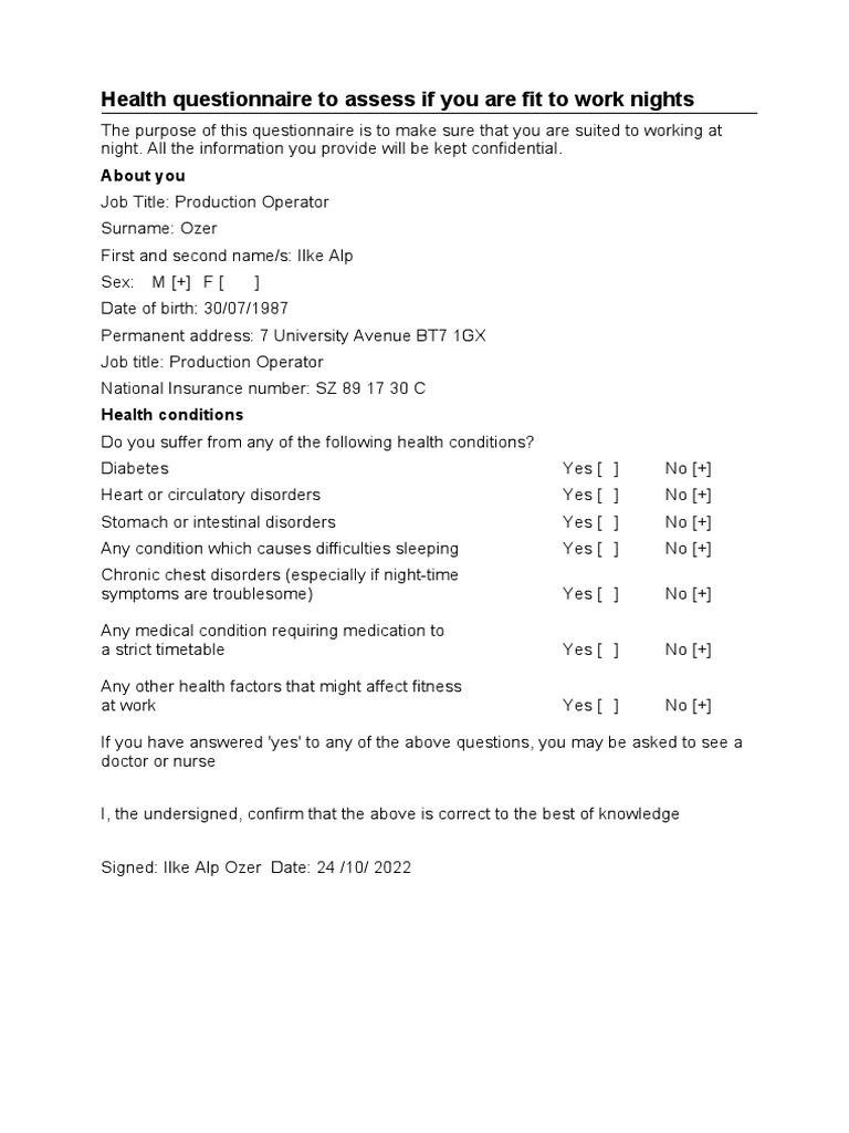 Health Questionnaire for Night Shift | PDF