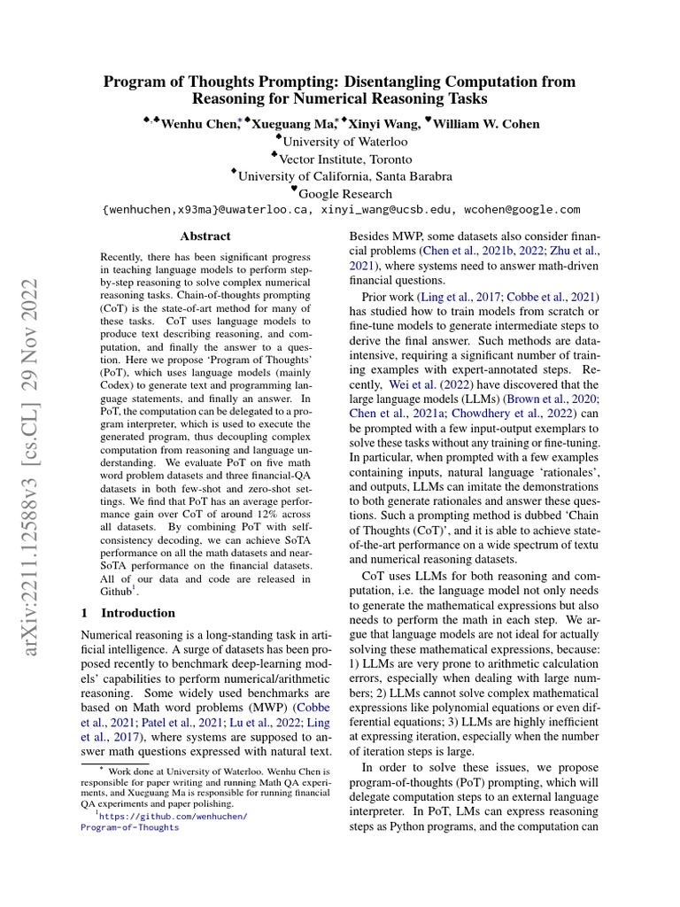 Program of Thoughts Prompting: Disentangling Computation From Reasoning For Numerical Reasoning ...
