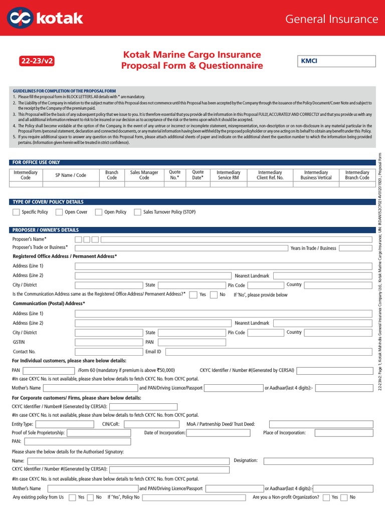 Kotak Marine Cargo Insurance Proposal Form | PDF