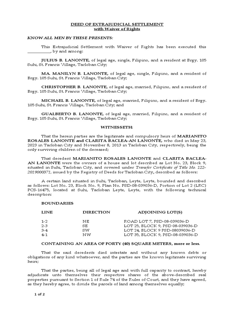 EJS With Waiver of Rights of Heirs of Lanonte | PDF | Civil Law (Common Law) | Civil Law (Legal ...