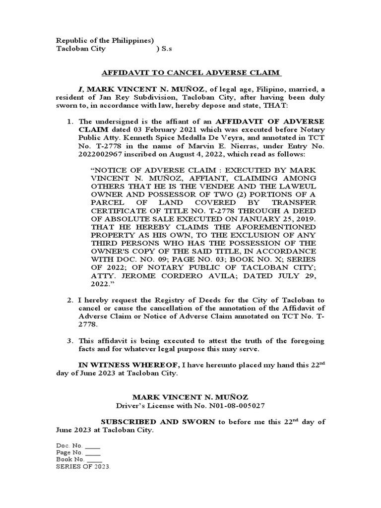 Affidavit of Adverse Claim | PDF | Affidavit | Identity Document
