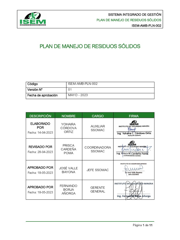 ISEM-AMB-PLN-002 Plan de Manejo de Residuos Sólidos | PDF