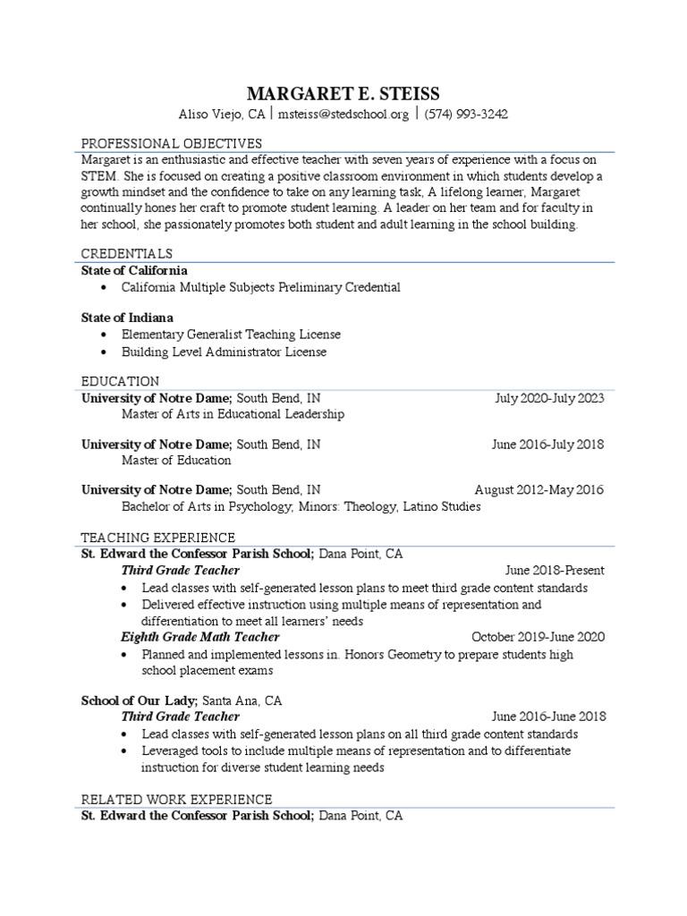 Margaret Steiss Resume 2023 | PDF | Teachers | Schools Margaret Steiss Resume 2023 | PDF | Teachers | Schools