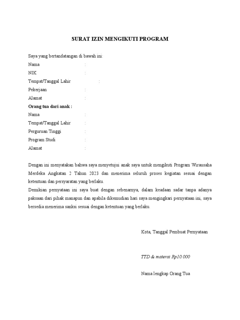 Template Surat Izin Mengikuti Program 3 | PDF