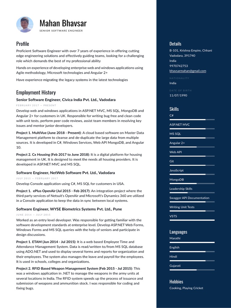 Mahan Bhavsar - Senior Software Engineer | PDF | Microsoft Sql Server | Software