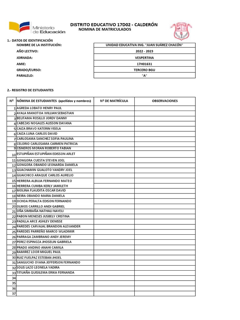 Cuadro Notas 3bgu A - 1y 2 Quimestre | PDF