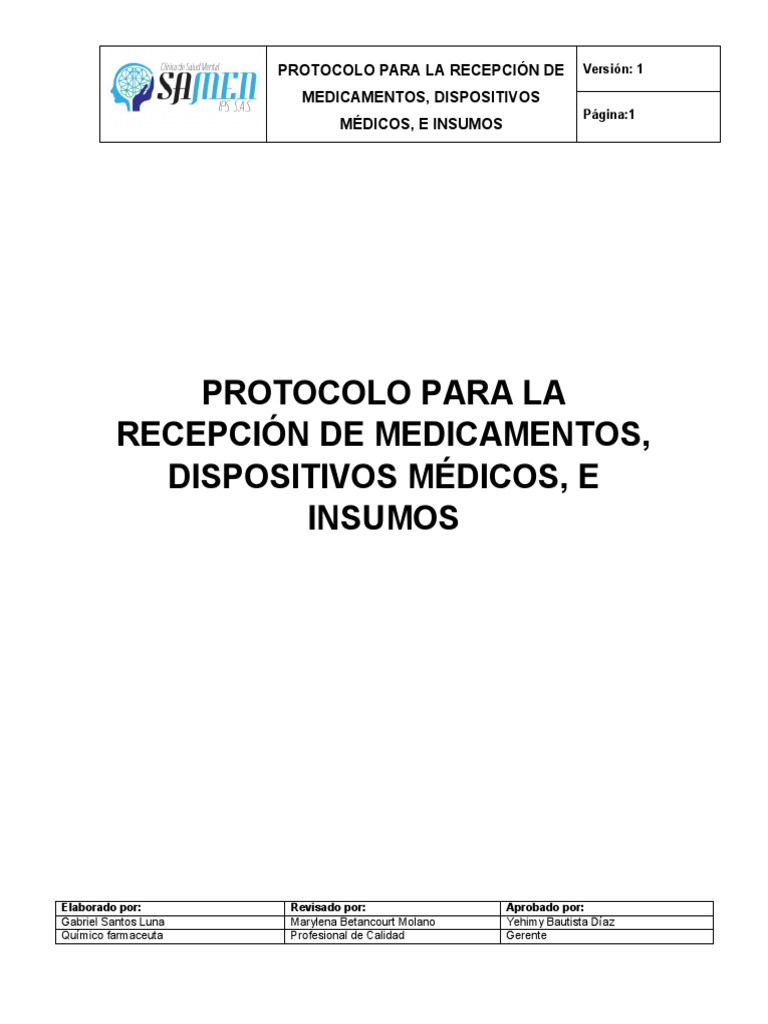 Protocolo para La Recepcion de Medicamentos DM e Insumos | PDF | Medicamentos con receta | Farmacia