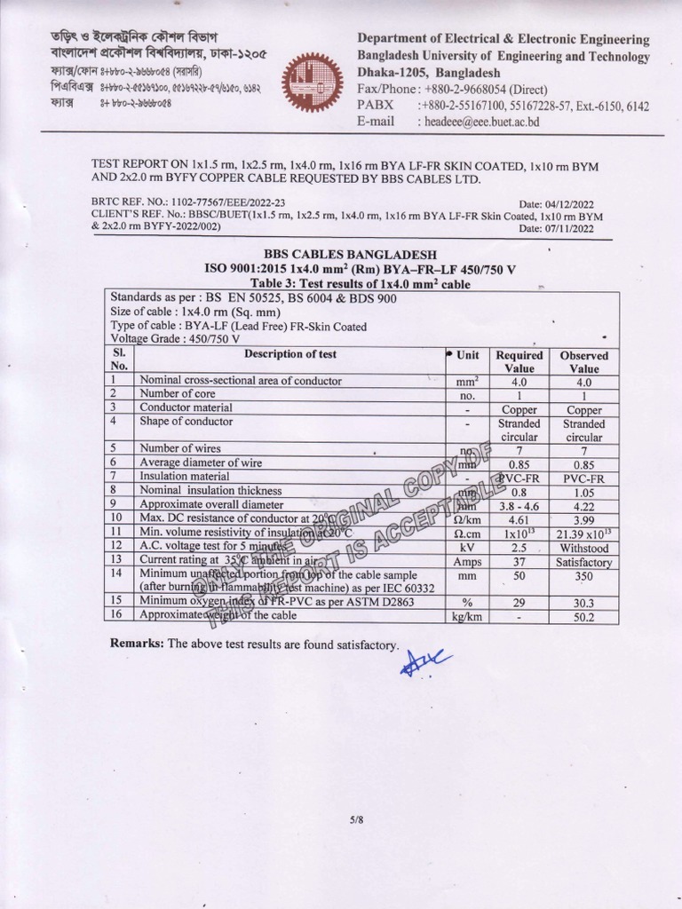 BUET Test Certificate 1x4.0rm BYA-LFFR Skin Coated-Updated | PDF