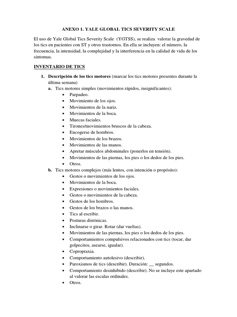 Escala de Gravedad de Tics Yale YGTSS | PDF | Receptor (Bioquímica ...