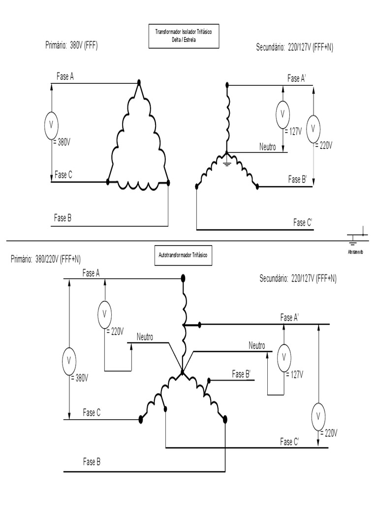 TRAFO DELTA ESTRELA Tensões | PDF | Transformador | Eletrodinâmica