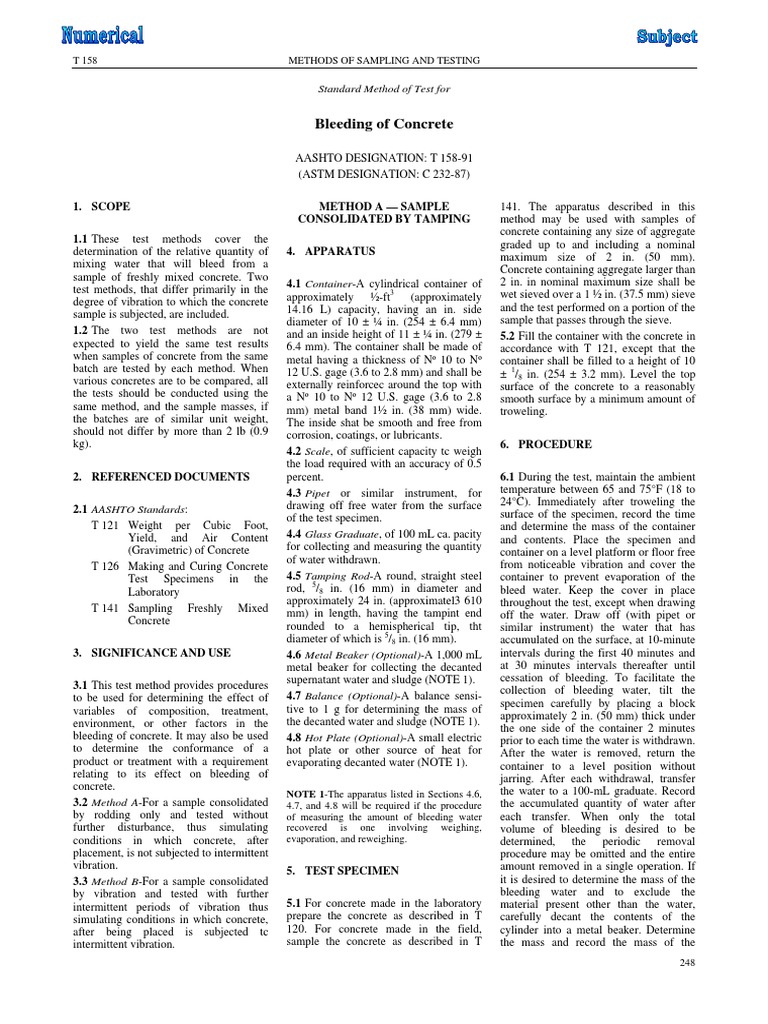 Bleeding of Concrete: Standard Method of Test For | PDF | Concrete | Water