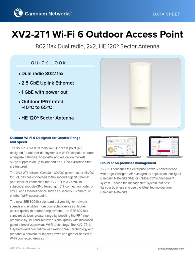 Cambium Networks Data Sheet WiFi-6 XV2-2T1 AP | PDF | Ieee 802.11 | Wi Fi
