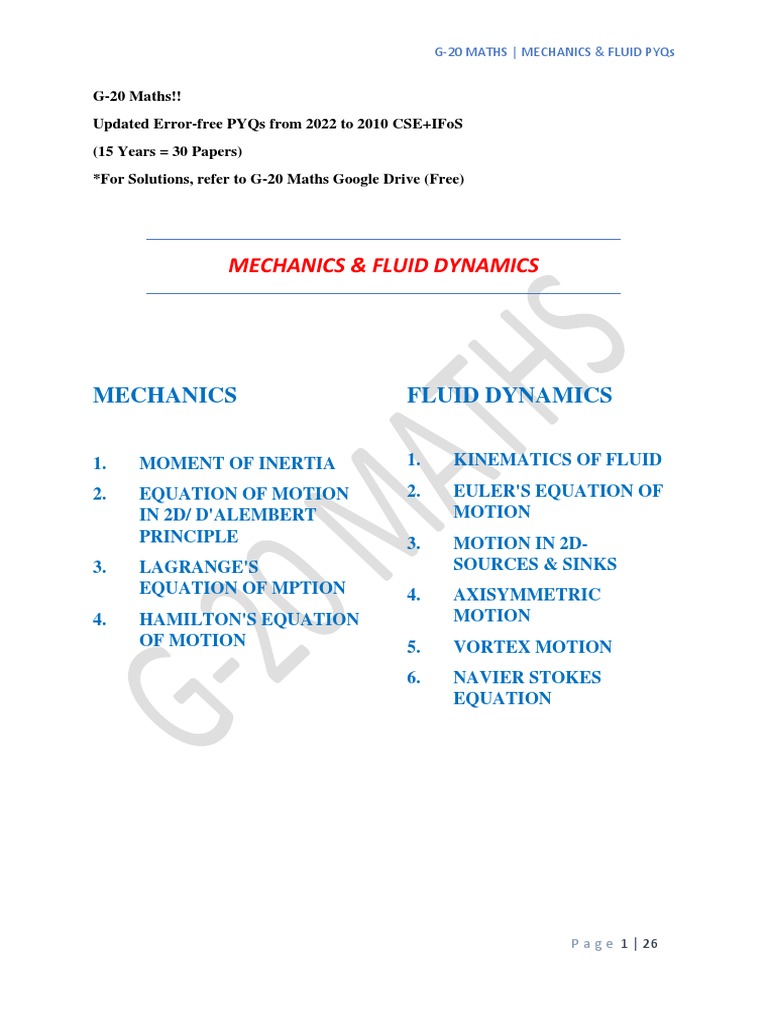 G-20 Mechanics & Fluid Dynamics PYQs | PDF | Equations Of Motion | Fluid