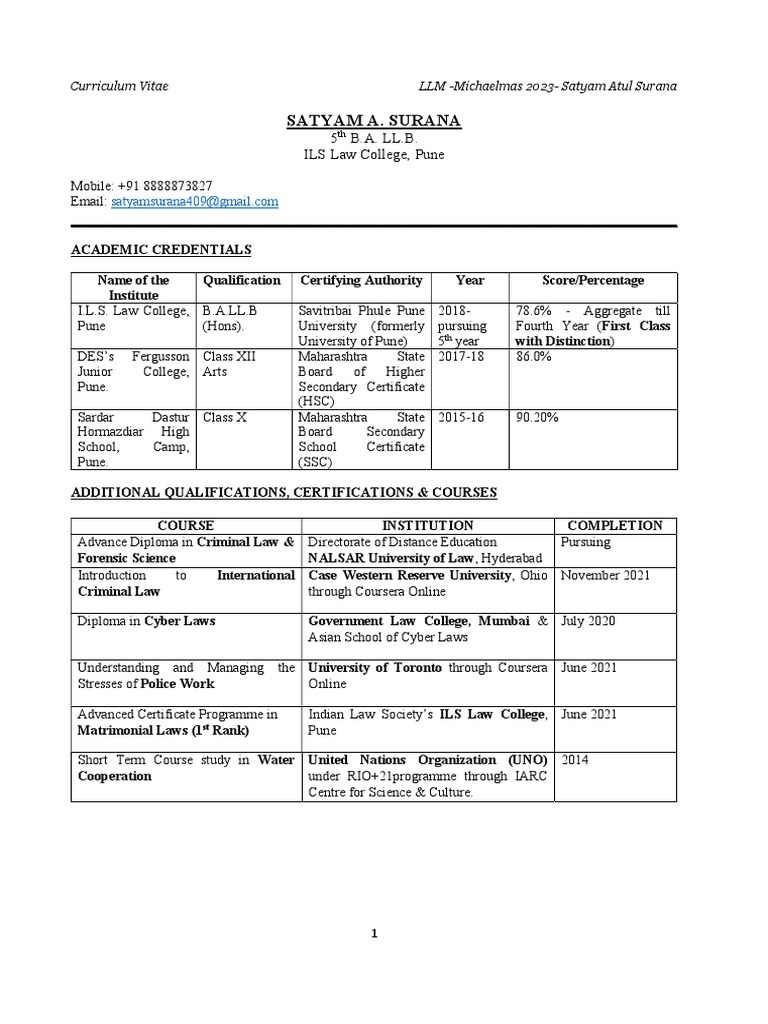 CV Satyam A Surana | Download Free PDF | Justice | Crime & Violence