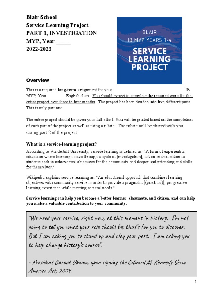 Service Learning Project Year Student Packet PART 1 INVESTIGATION | PDF ...