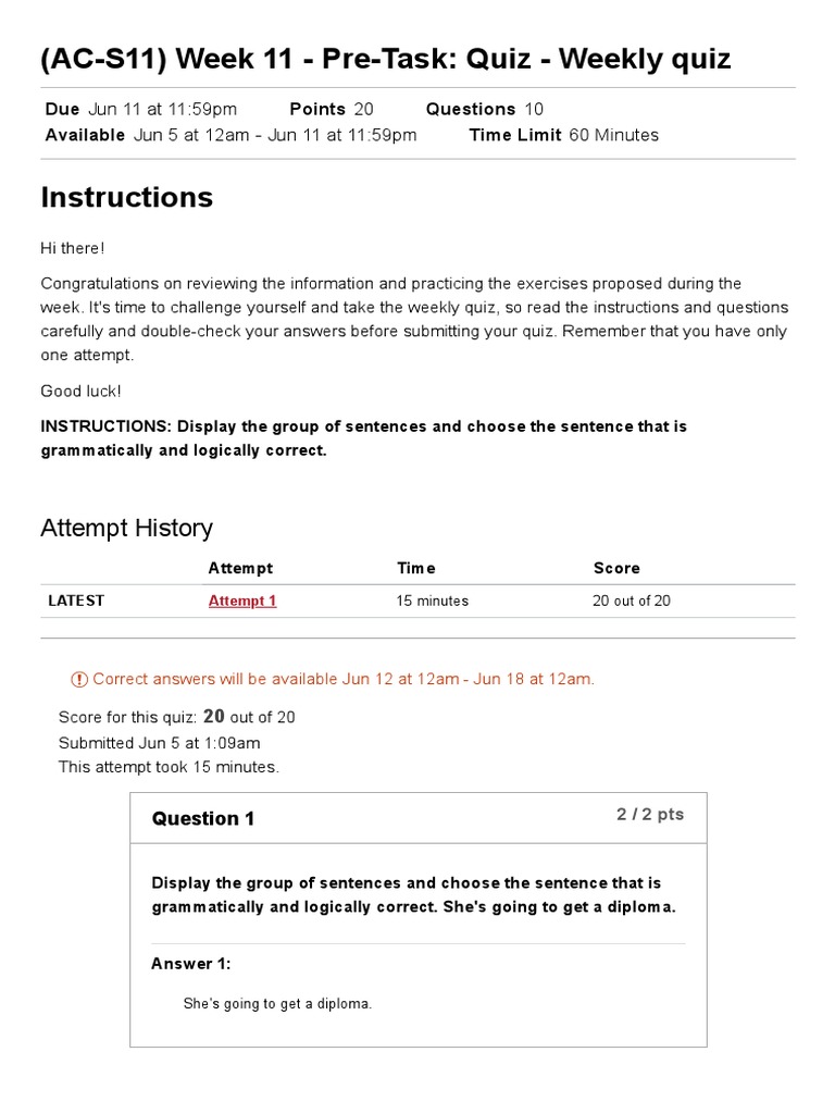 (AC-S11) Week 11 - Pre-Task - Quiz - Weekly Quiz - INGLES IV (6224) | PDF