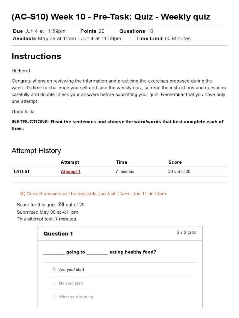 Week 10 Vocabulary Quiz Instructions | PDF
