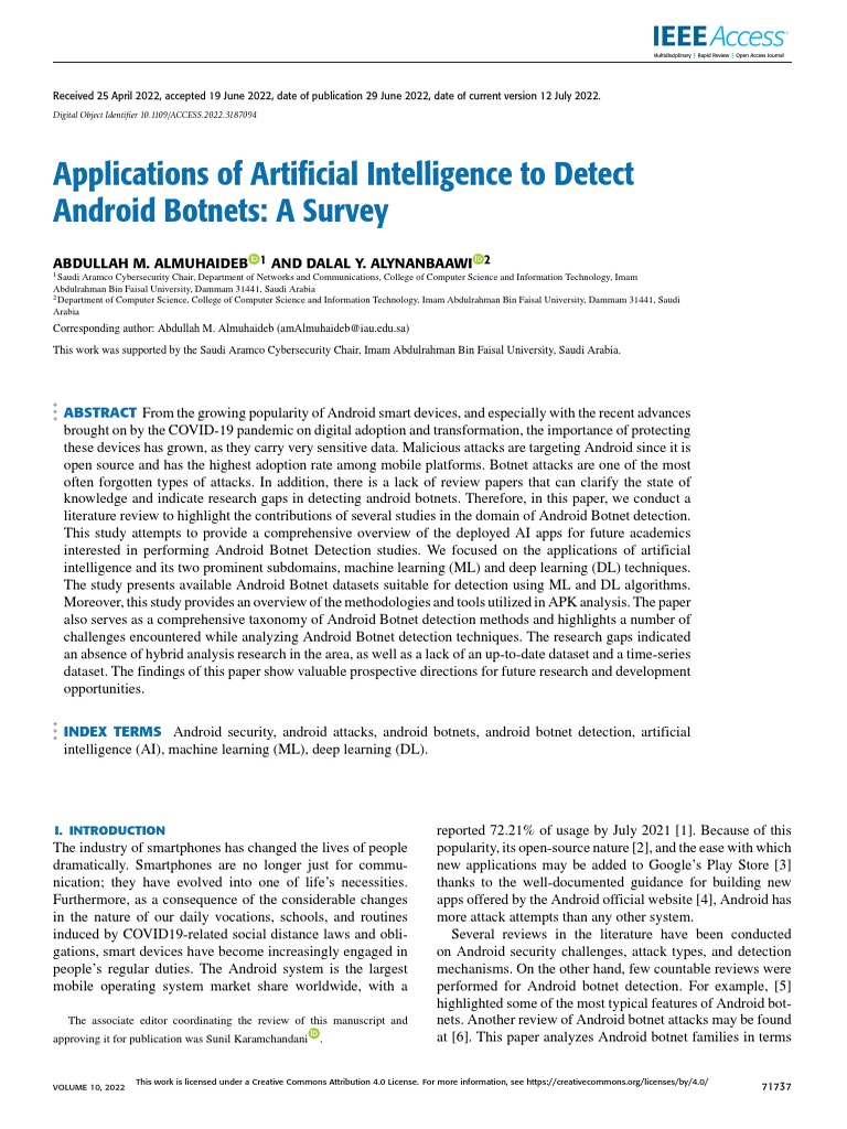 Applications Of Artificial Intelligence To Detect Android Botnets A