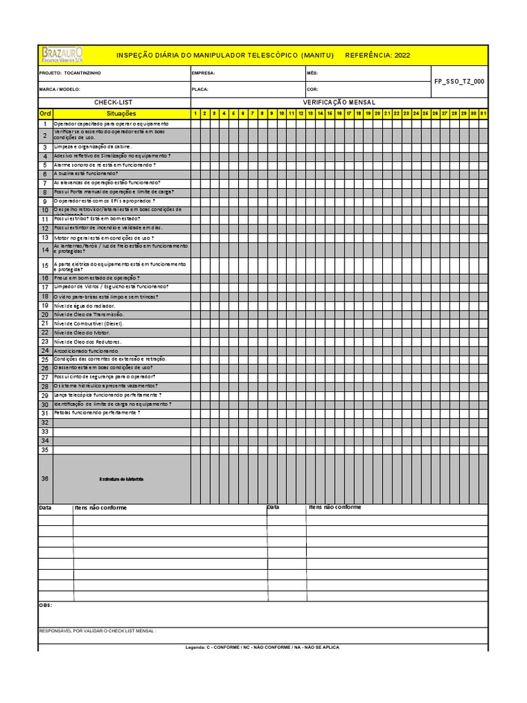FP - SSO - TZ - Check List Manipulador Telescopico | PDF | Veículos