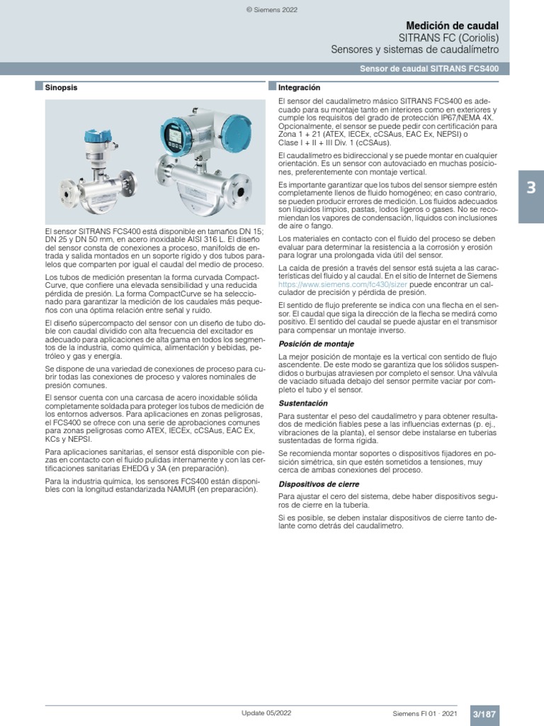 Sitransf Fcs400 Fi01 Es | PDF | Presión | Descarga (hidrología)