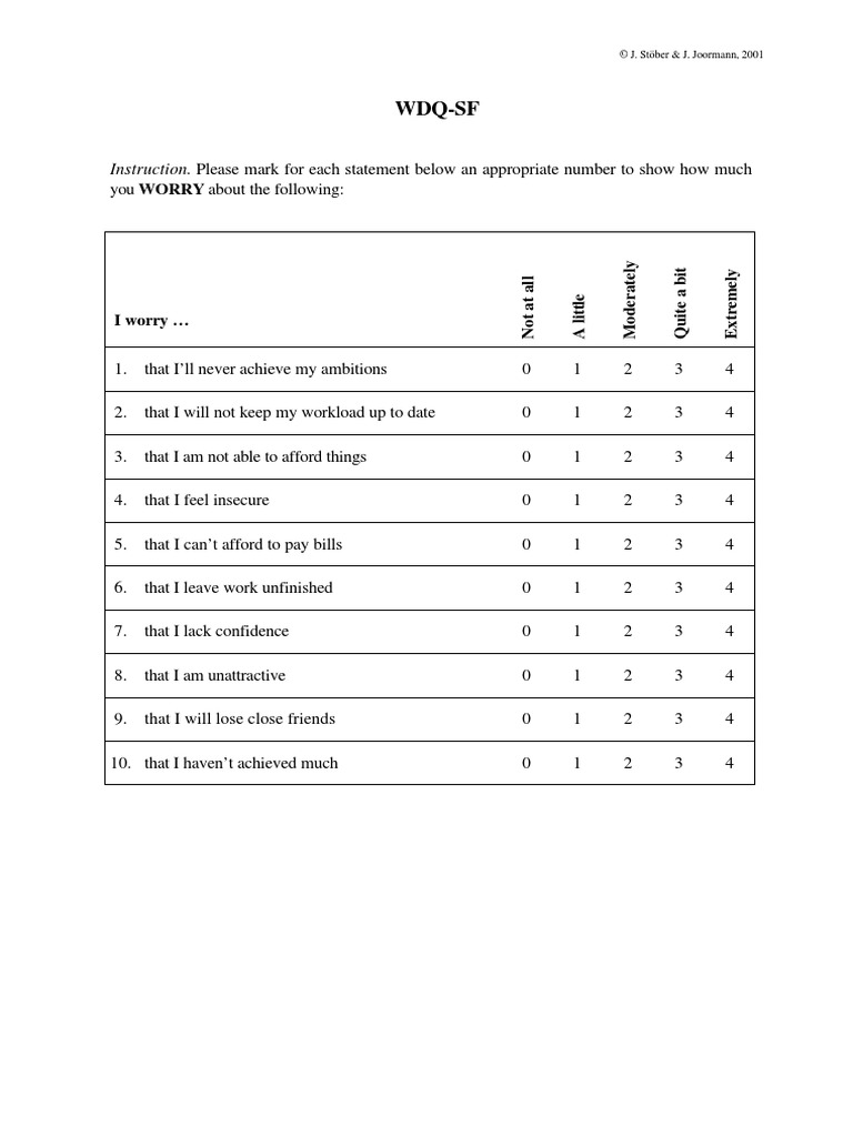 Worry Domains Questionnaire - Short Form | PDF | Psychometrics ...