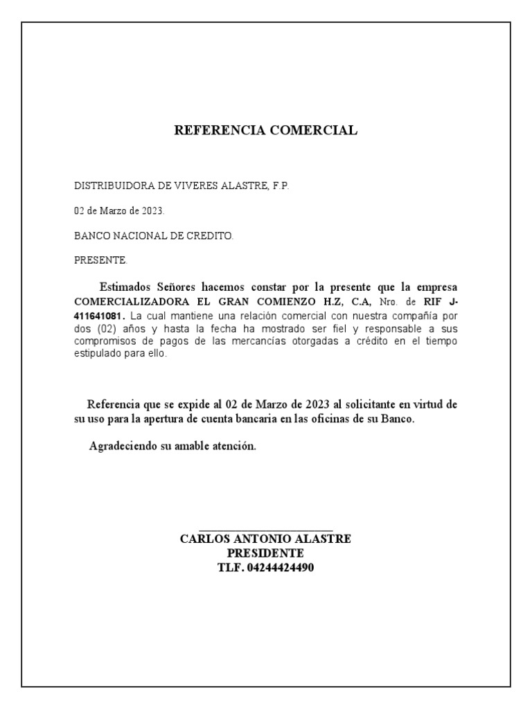 Formato de Referencia Comercial en Word | PDF