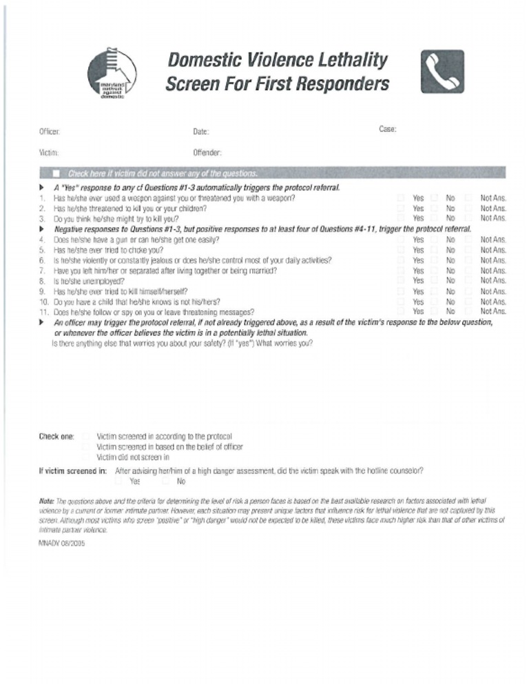 Domestic Violence Lethality Screen For First Responders | PDF