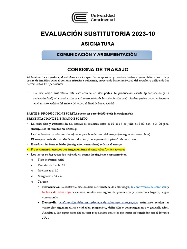 Consigna para La Evaluación Sustitutoria 2023-10 | PDF | Ensayos