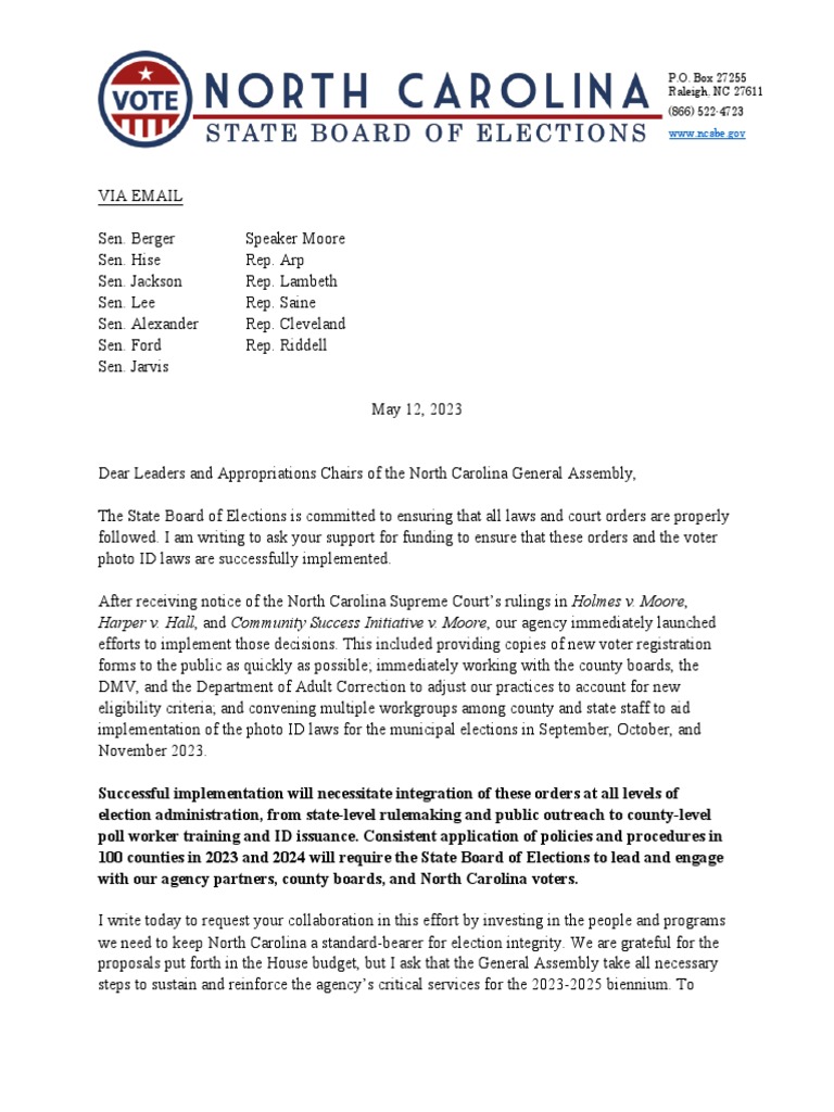 NCSBE 2023 Order Implementation Funding Letter - 2023-05-12 | PDF ...