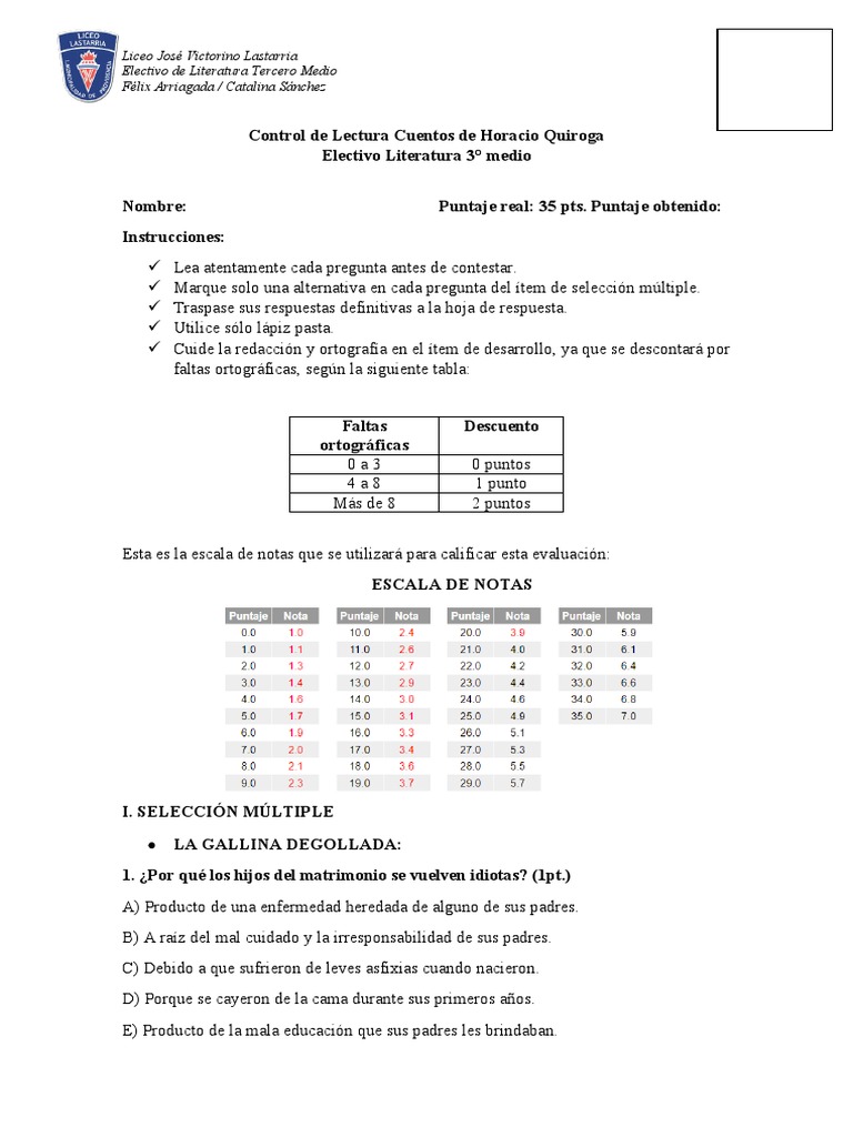 Control Lectura Horacio Quiroga | PDF