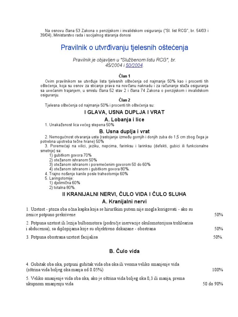 Pravilnik o Utvrdjivanju Tjelesnih Ostecenja | PDF