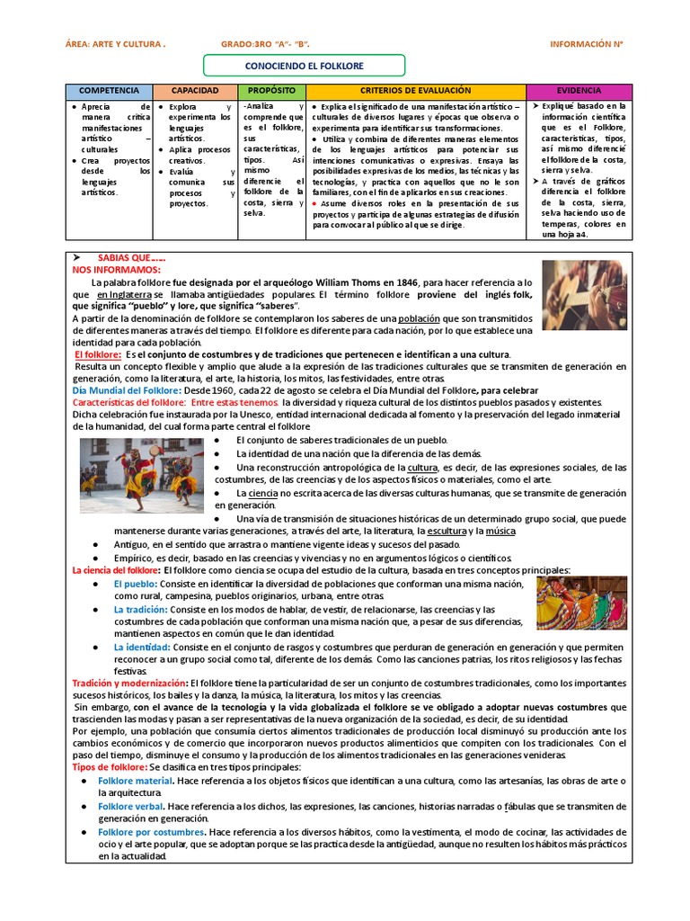 Guia de Aprendizaje 3ro-Arte y Cultura-Job-2023 | PDF | Folklore | Tradiciones