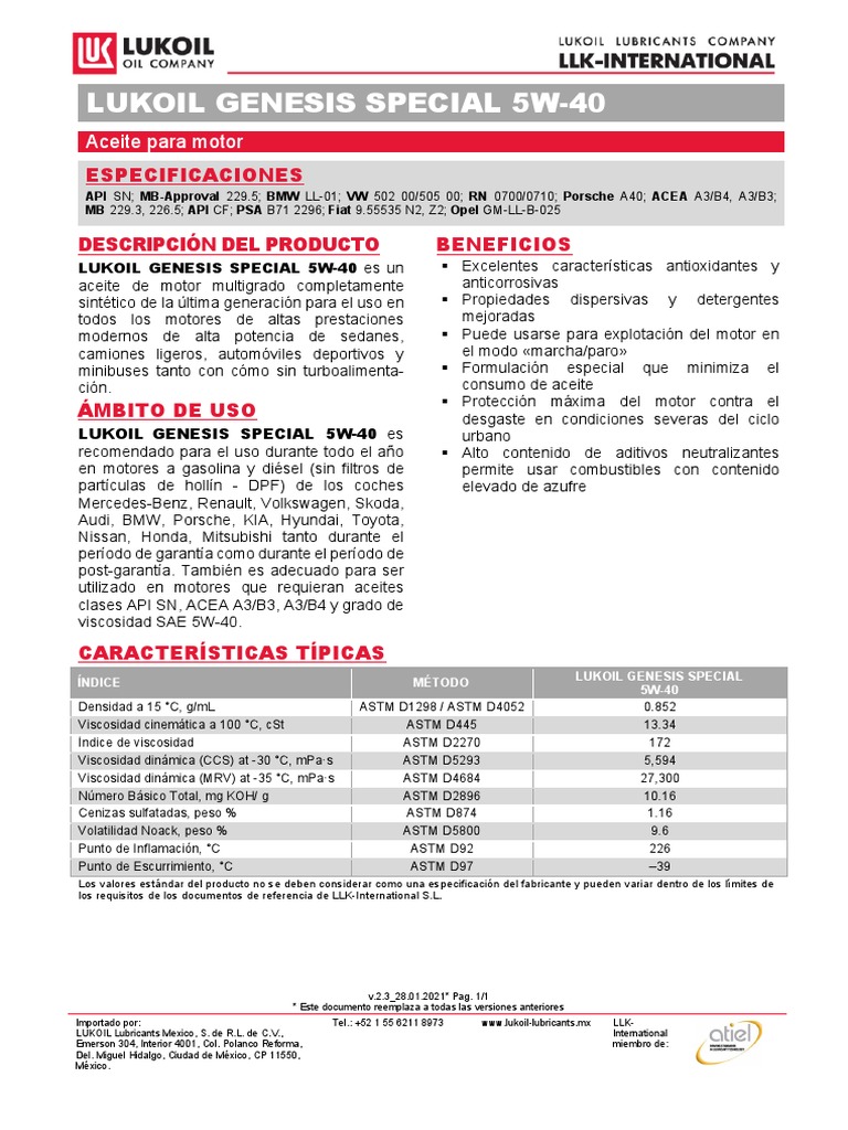 TDS - LUKOIL GENESIS SPECIAL 5W-40 - v.2.3 - ESP | PDF | Aceite de ...