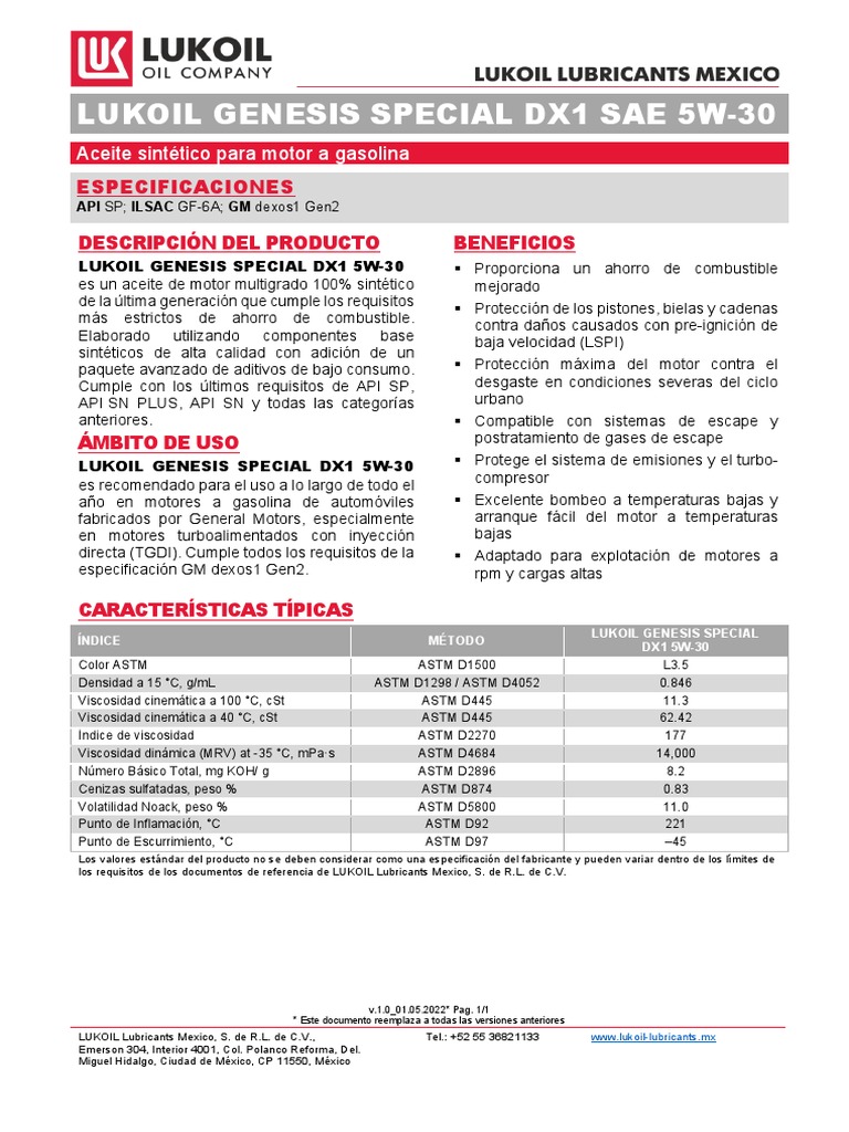 TDS - LUKOIL GENESIS SPECIAL DX1 5W-30 - v.1.0 - ESP | PDF ...