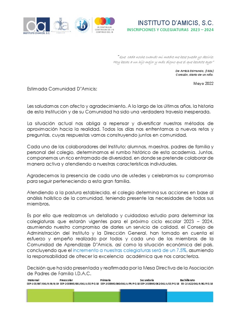 Carta Colegiaturas 2023 - 2024 | PDF | Educación de la primera infancia Carta Colegiaturas 2023 - 2024 | PDF | Educación de la primera infancia