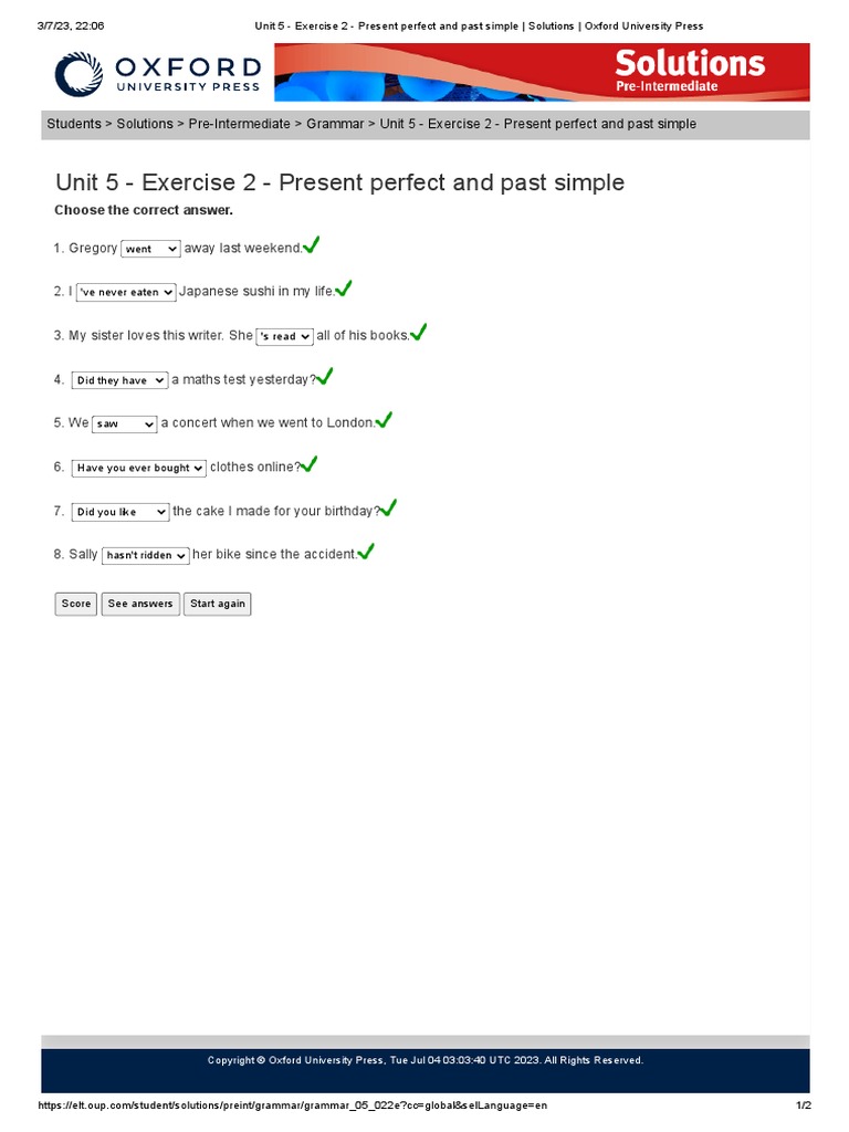 Unit 5 - Exercise 2 - Present Perfect and Past Simple - Solutions - Oxford University Press | PDF