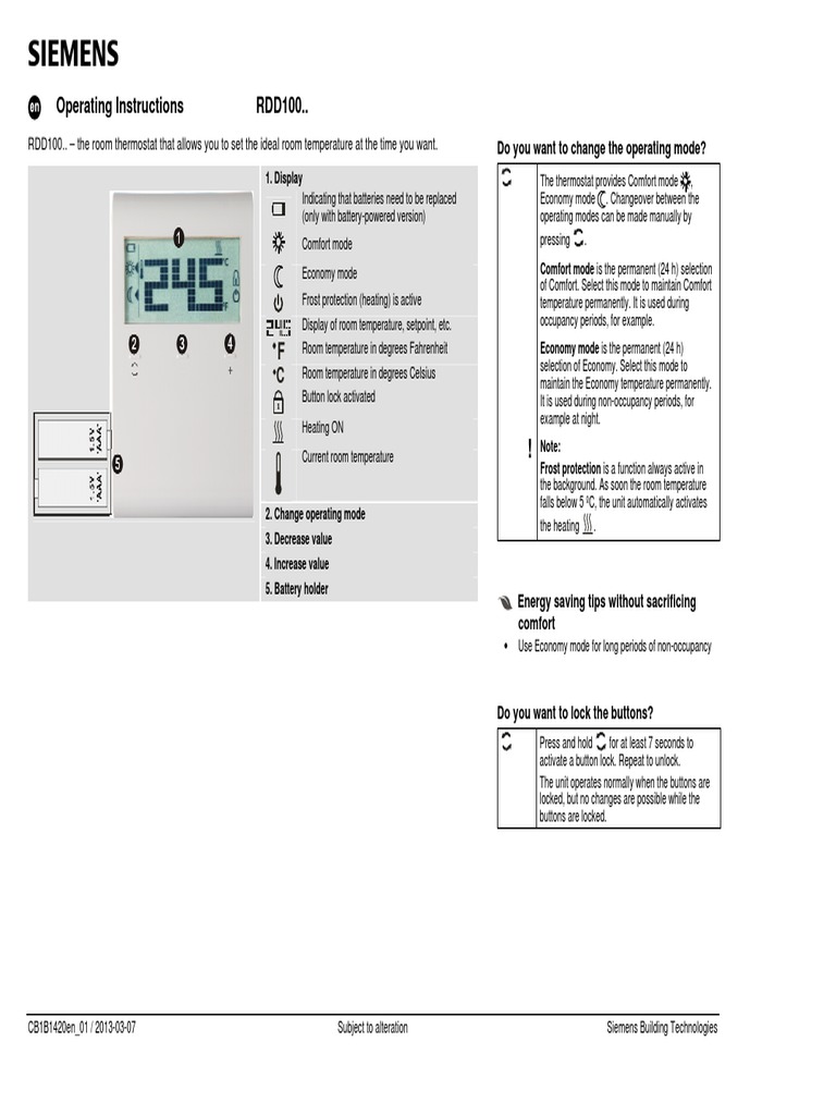 Siemens RDD100 Thermostat Manual | PDF | Temperature | Thermostat