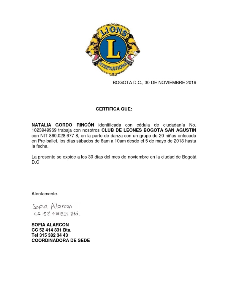 Certificado de Empleo - Club de Leones Bogotá | PDF