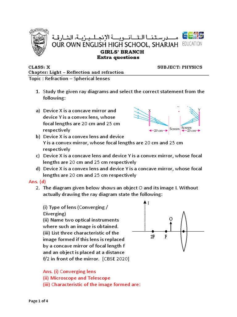 Extra Questions - Refraction - Lens - Answers - 230610 - 042208 | PDF ...