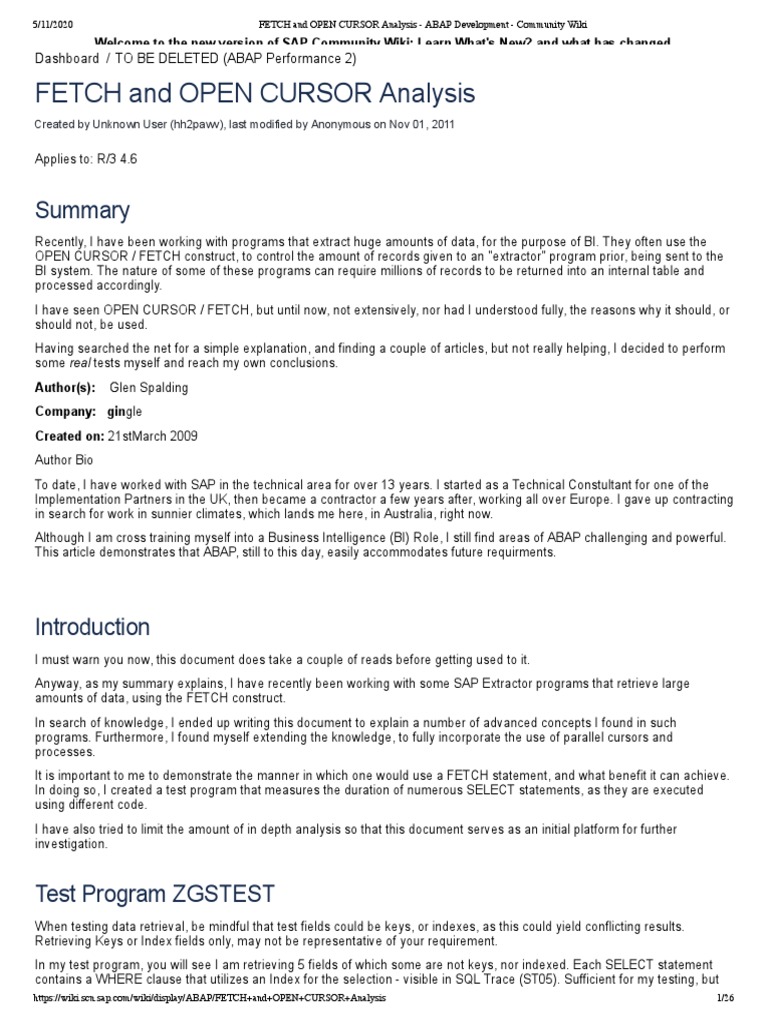 Fetch And Open Cursor Analysis Abap Development Community Wiki Pdf Computer Program