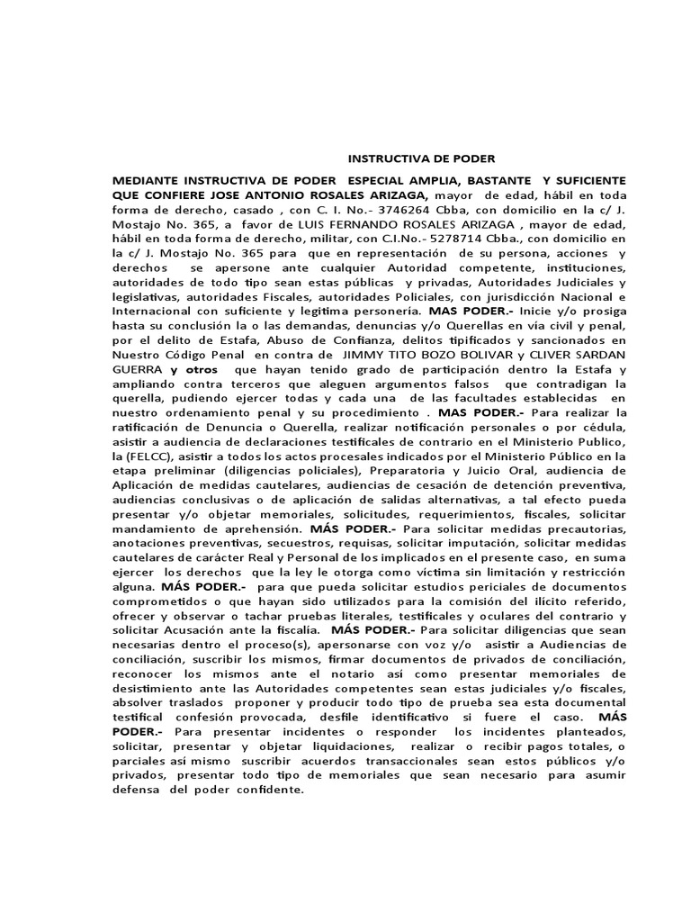 Instructiva de Poder Juan Carlos Rosales | PDF | Queja | Sentencia (ley)