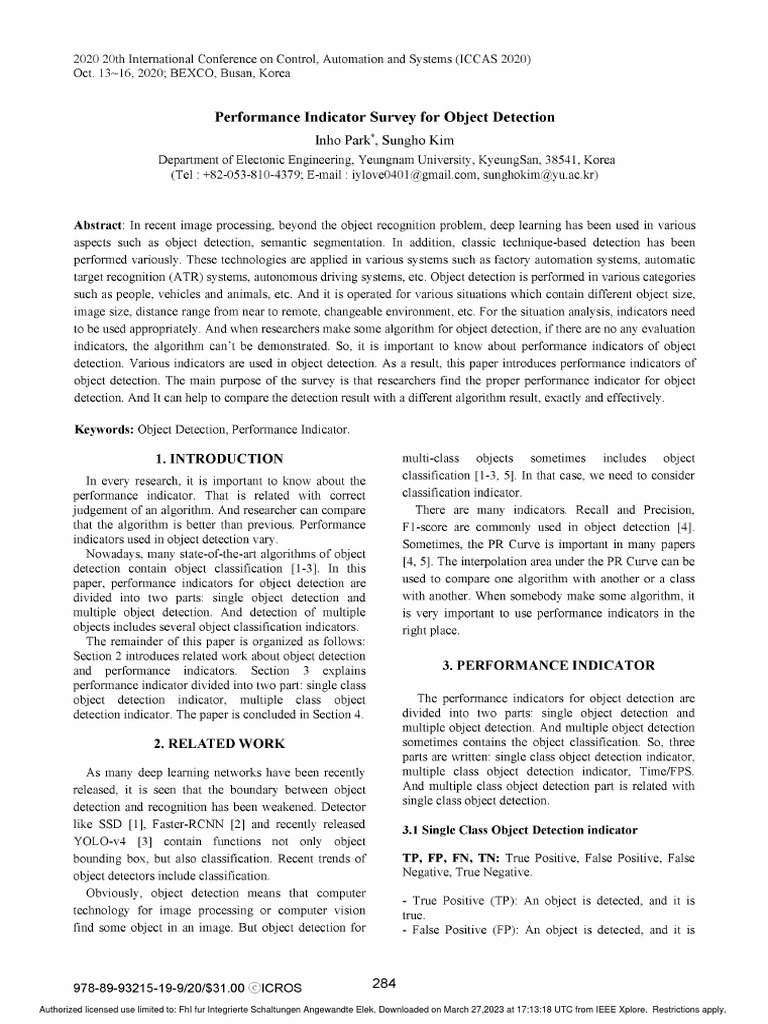 Performance Indicator Survey For Object Detection | PDF | Sensitivity And Specificity | Computing