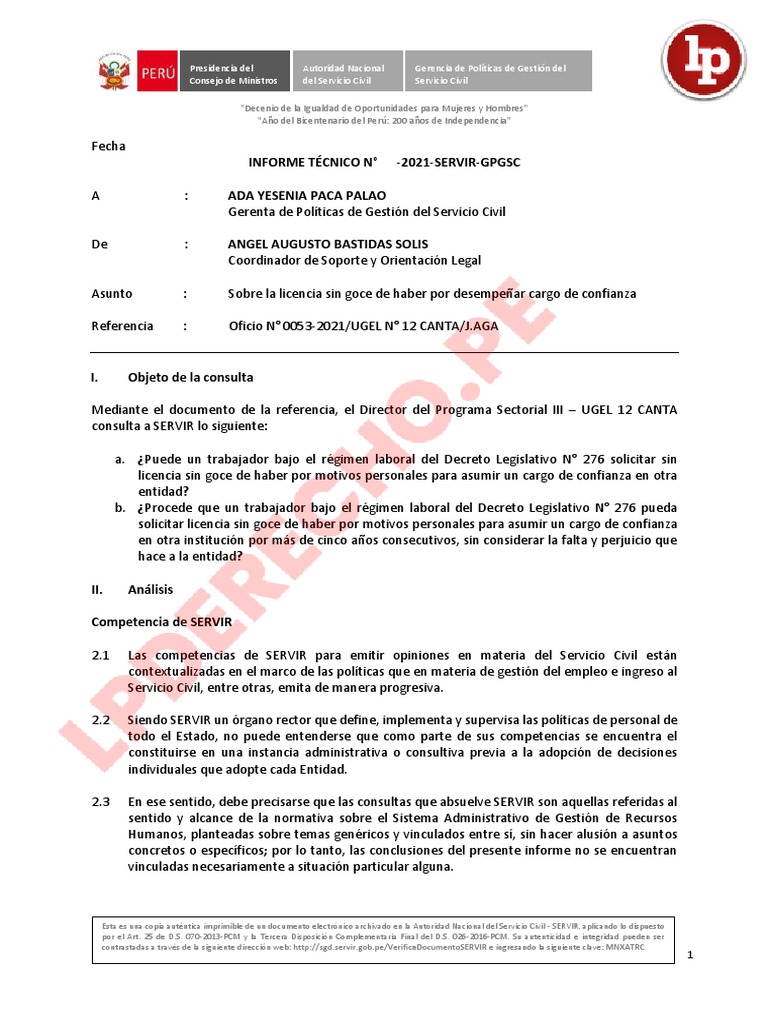 Informe Tecnico 000524 2021 GPGSC Servir LP | PDF | Salario | Perú