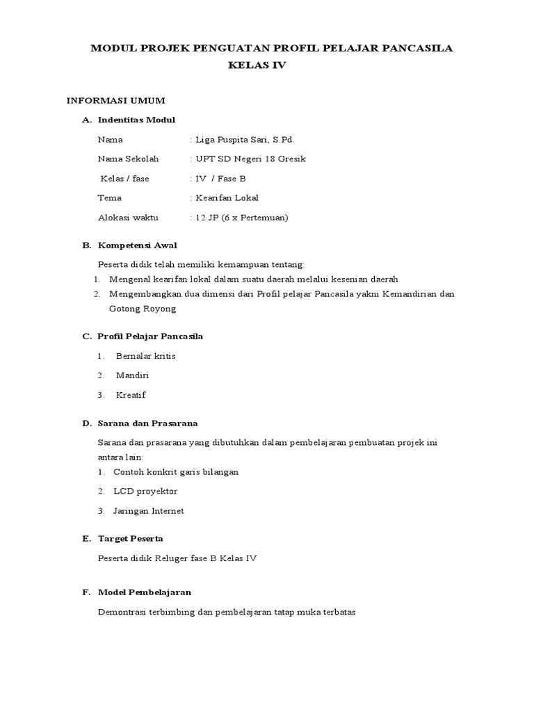 Modul Ajar Projek Penguatan Profil Pelajar Pancasila Upt SDN 18 | PDF