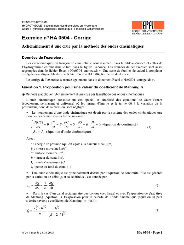 Corrigé : Ondes cinématiques en hydrologie | PDF | Cinématique | Pression