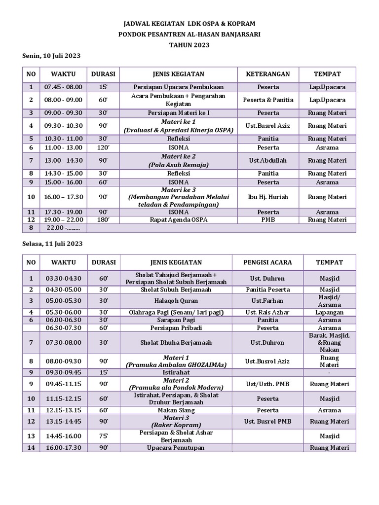 Jadwal Kegiatan LDK OSPA & KOPRAM 2023 | PDF