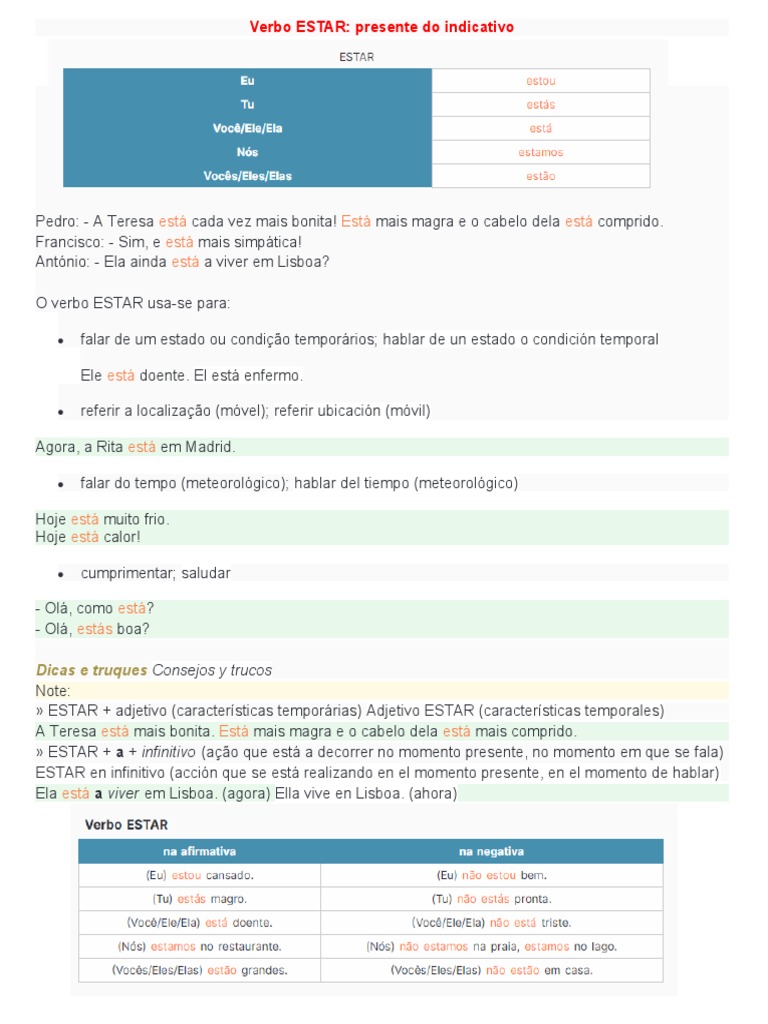 Conjugación del verbo estar en portugués | PDF | Verbo | Asunto (gramática)
