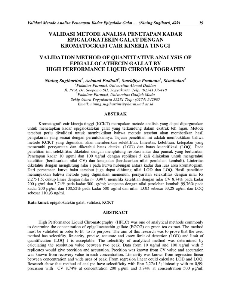 Validasi Kadar Epigalokatekin Galat HPLC | PDF