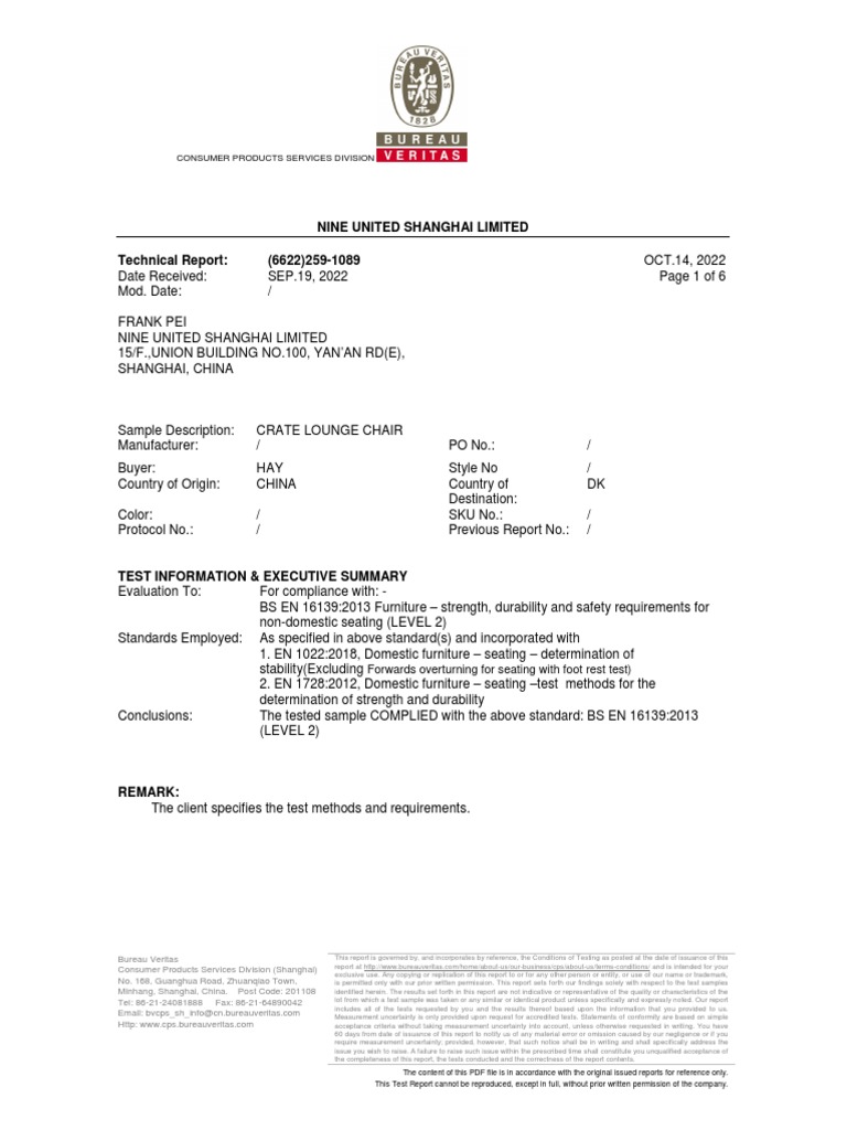 Crate Lounge Chair Certificate EN 16139 | PDF