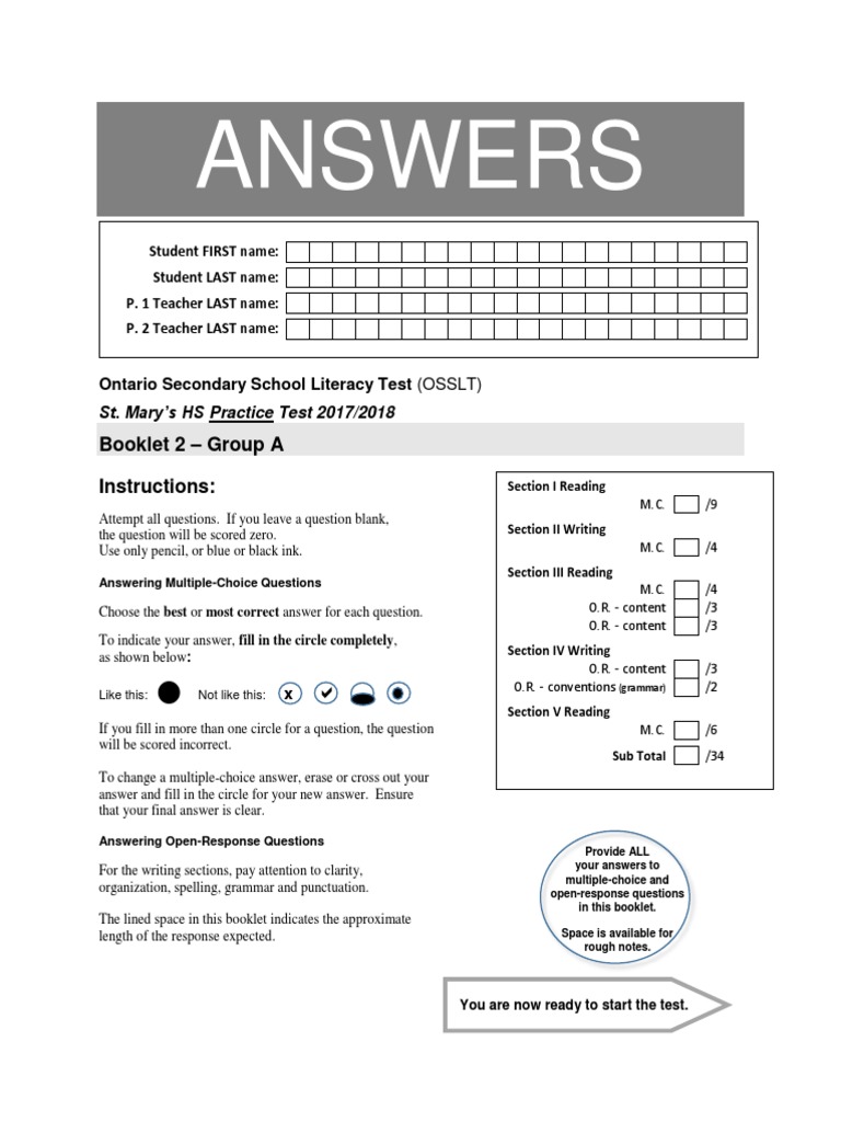 Practice OSSLT ANSWER Booklet 2 Group A | PDF | Multiple Choice | Learning